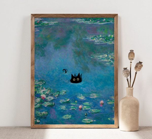 Monet Waterlily Cat Print, Claude Monet Cat Poster