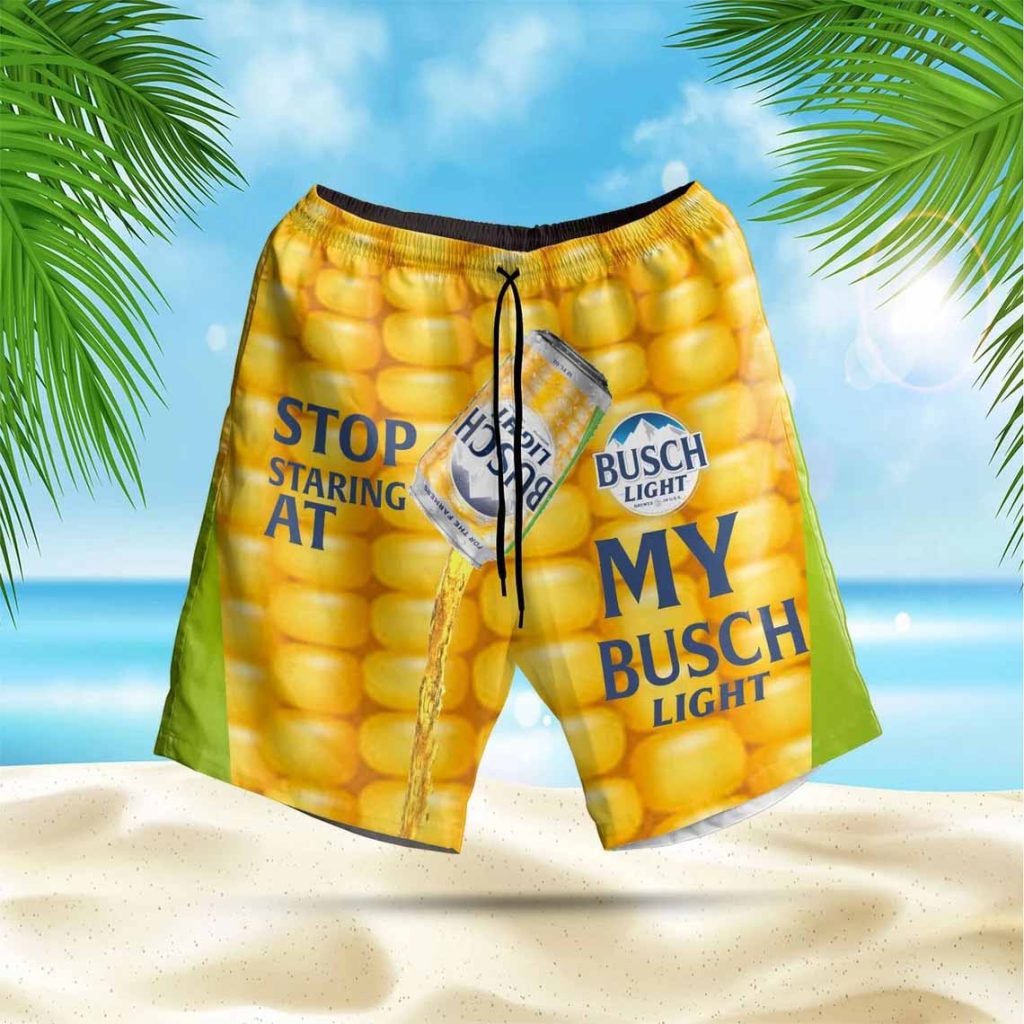 Busch Light Tropical Leaf Red Hawaiian Beach Shorts